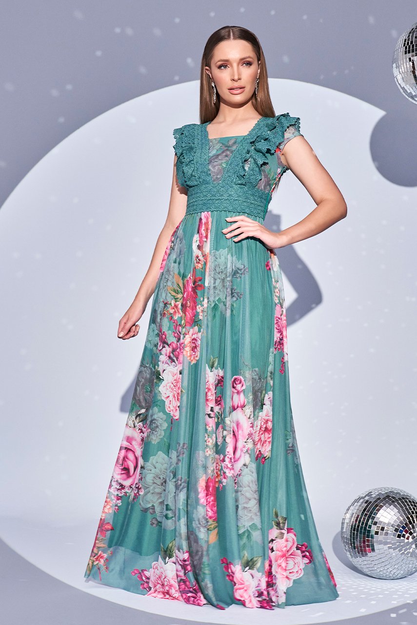 Vestido Verde Estampado Longo Tule Fascinius
