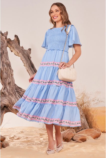 Vestido Azul Crepe Estampa Exclusiva Evasê Midi Fascinius