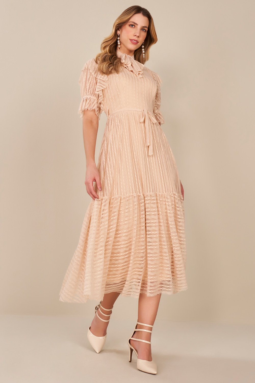 Vestido Bege Renda Detalhe De Laço Midi Evasê Fascinius