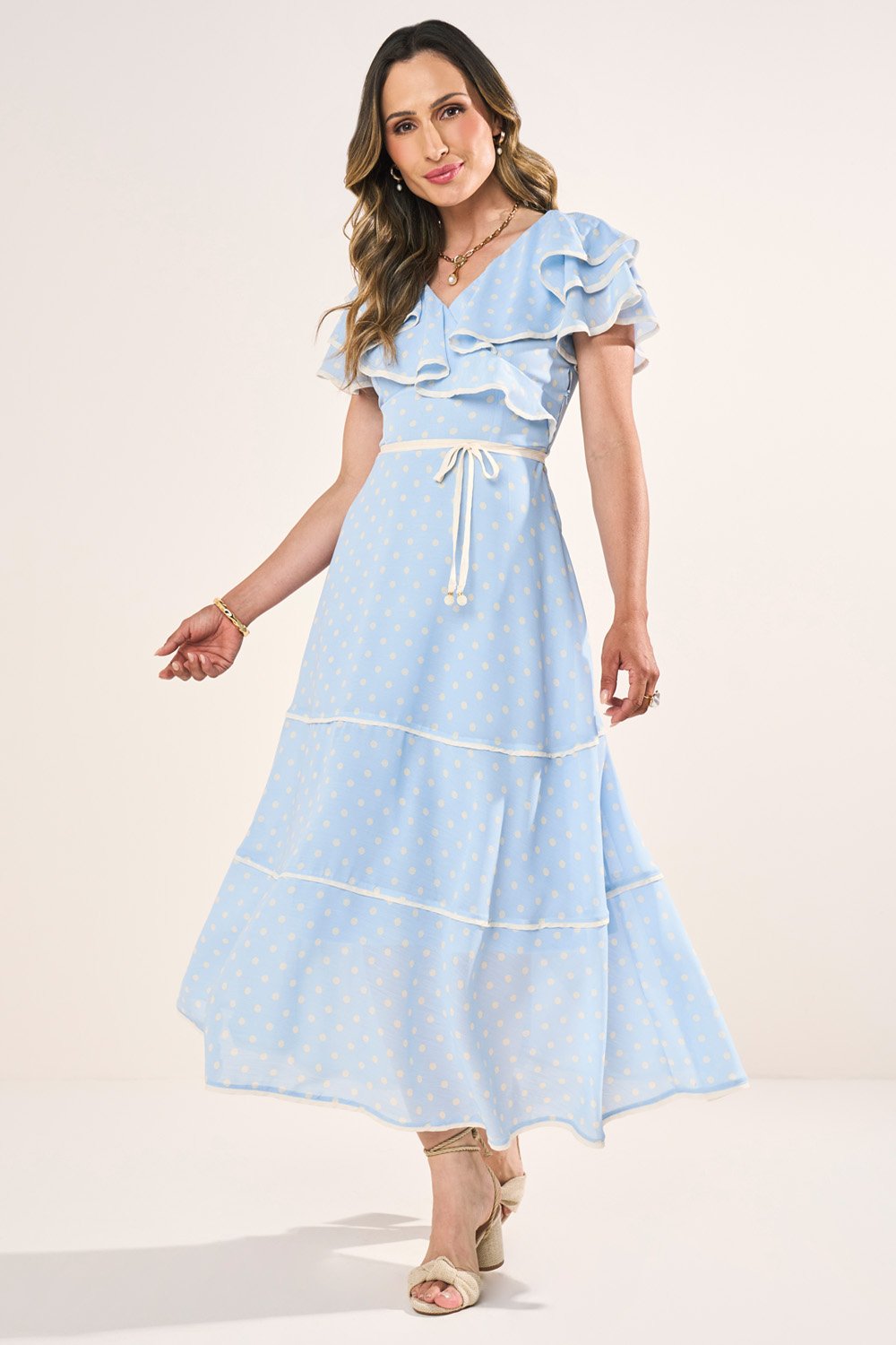 Vestido Azul Poá Com Babados Transpassados Evasê Midi Fascinius