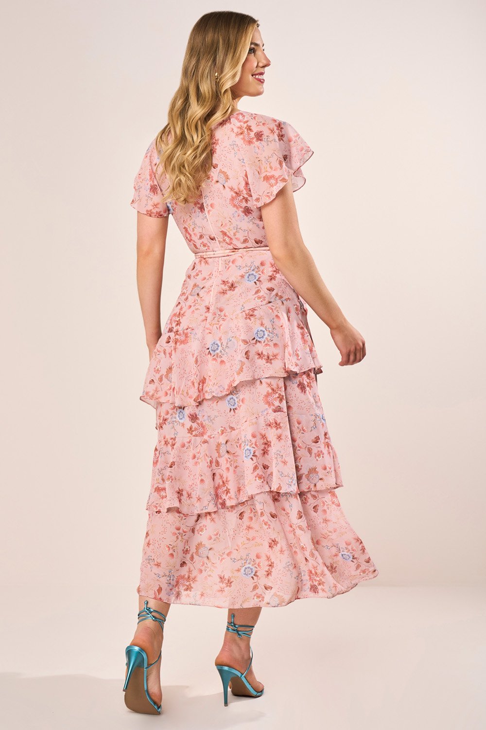 Vestido Rosê Floral Com Babados Evasê Midi Fascinius