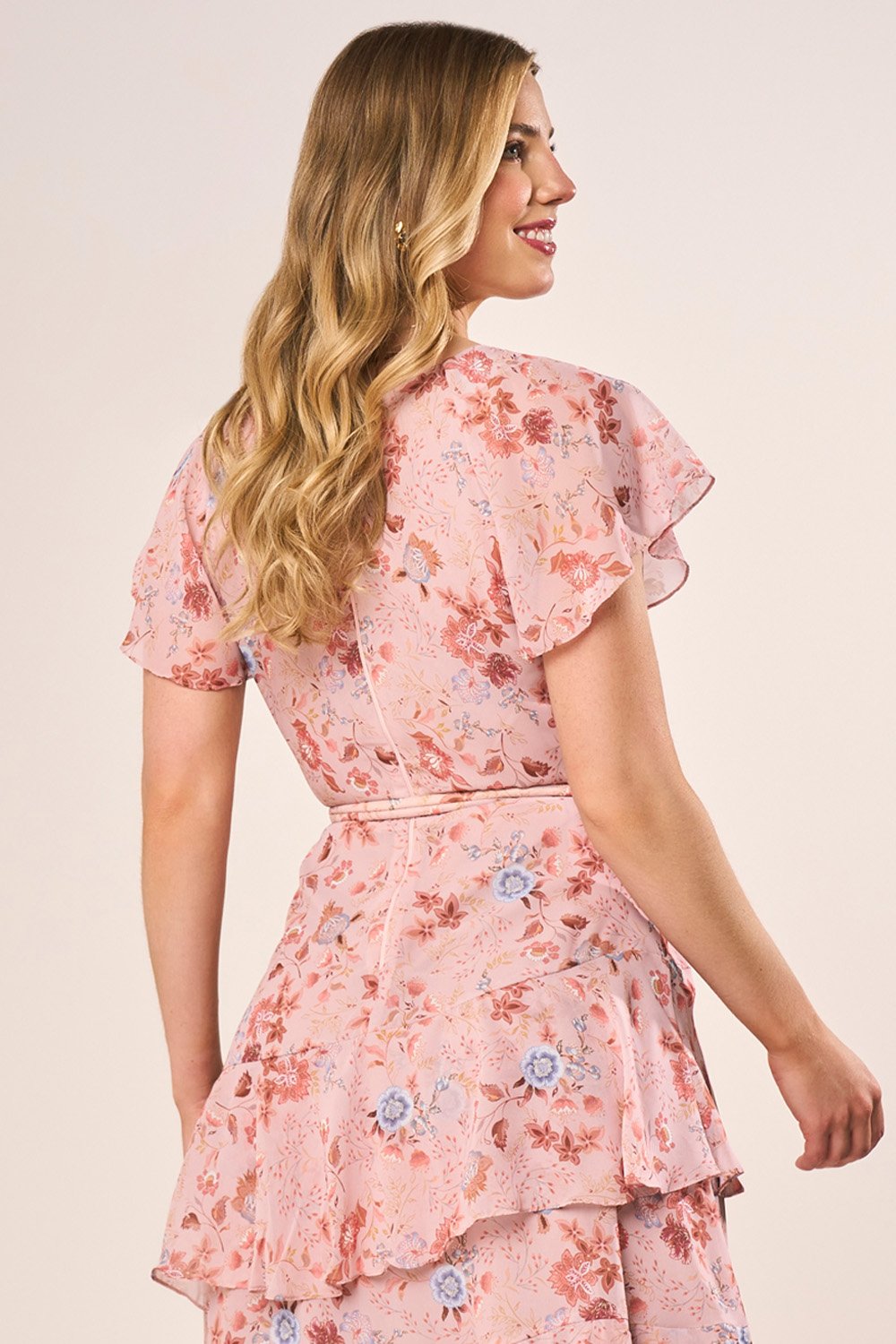 Vestido Rosê Floral Com Babados Evasê Midi Fascinius